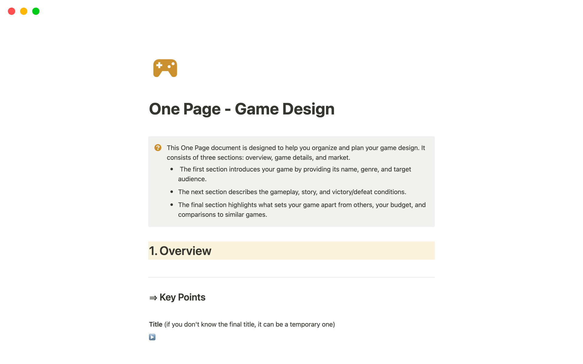 One Page - Game Design | Plantilla de Notion