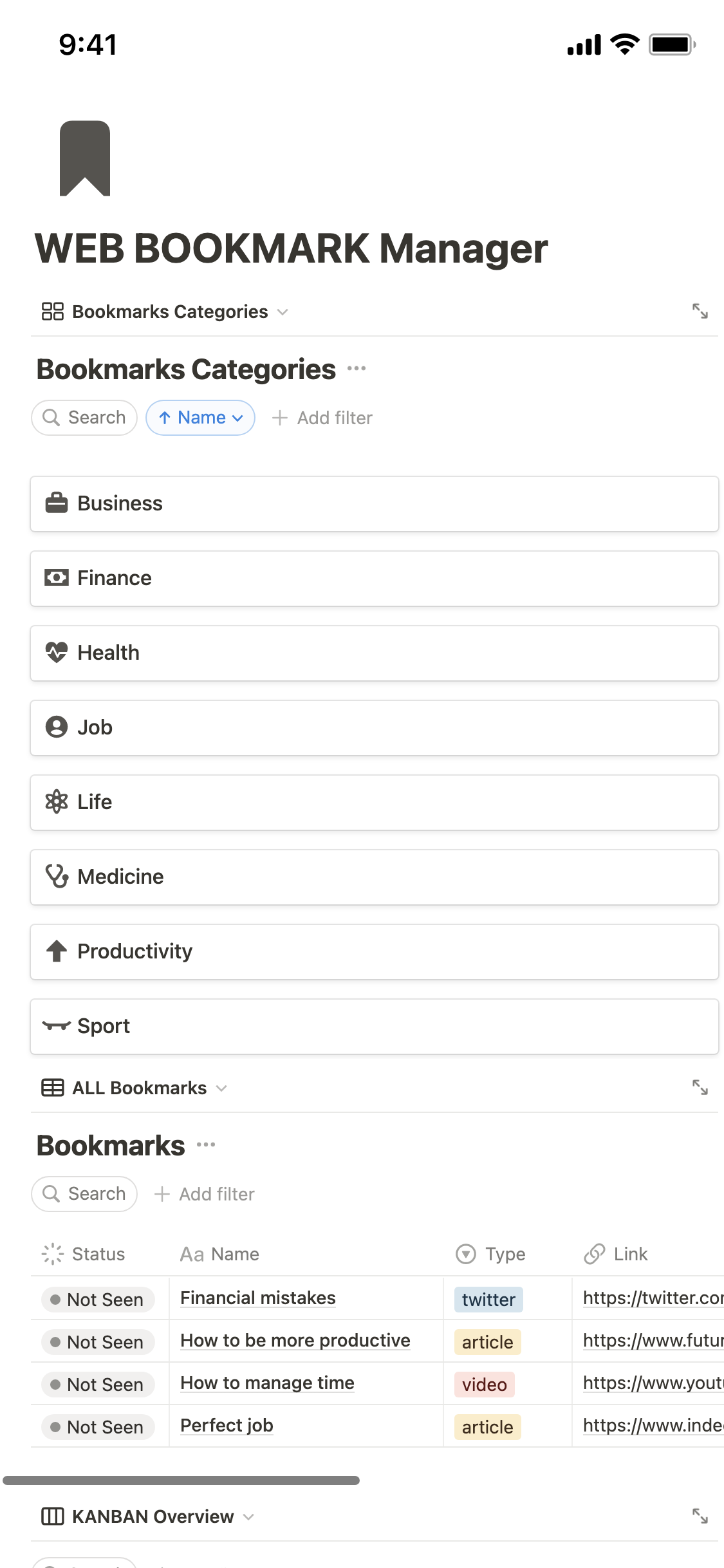 Galería de plantillas de Notion – Web Bookmark Manager
