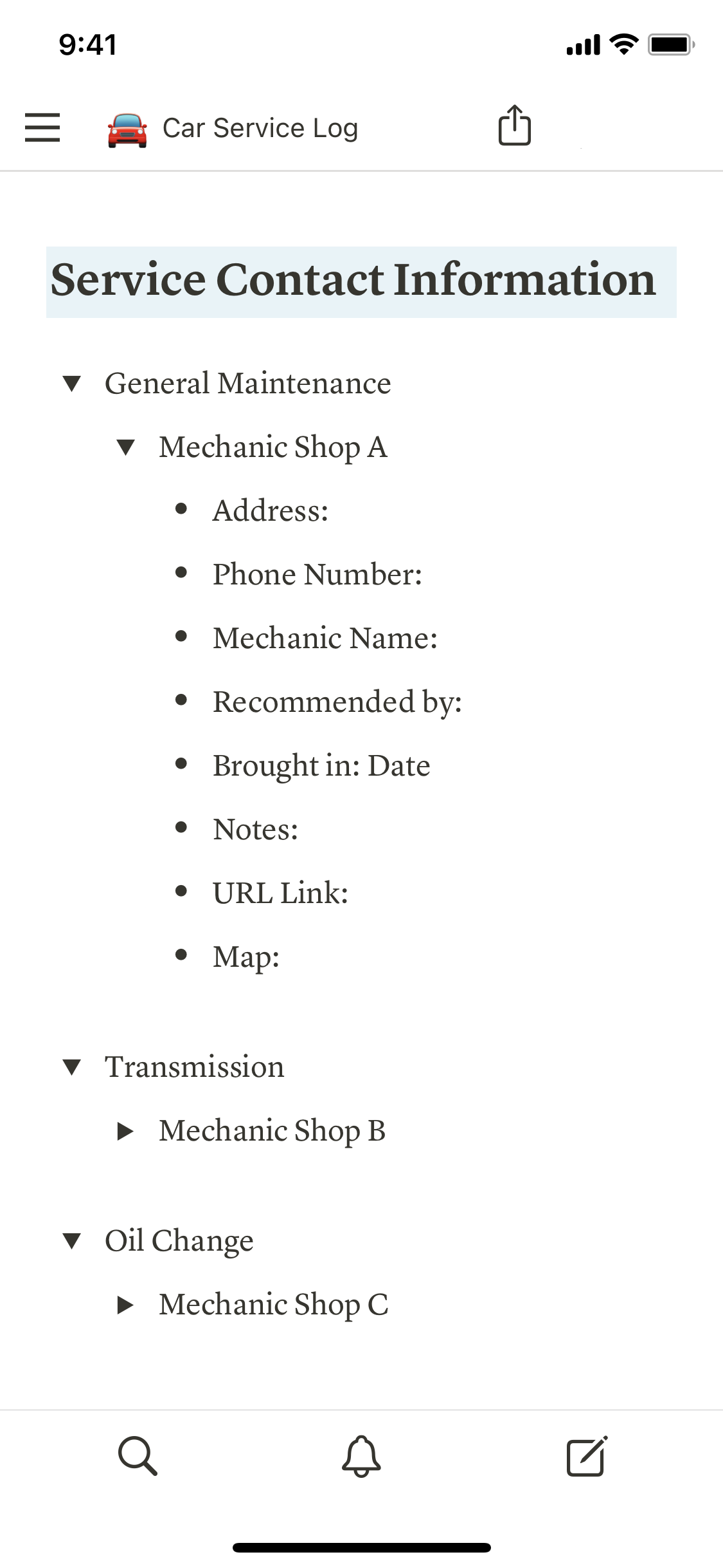Notion Template Gallery – Car service log