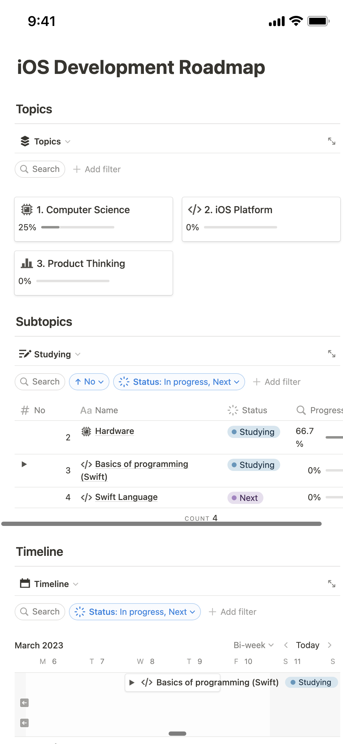 Notion Vorlagengalerie – iOS Development Roadmap