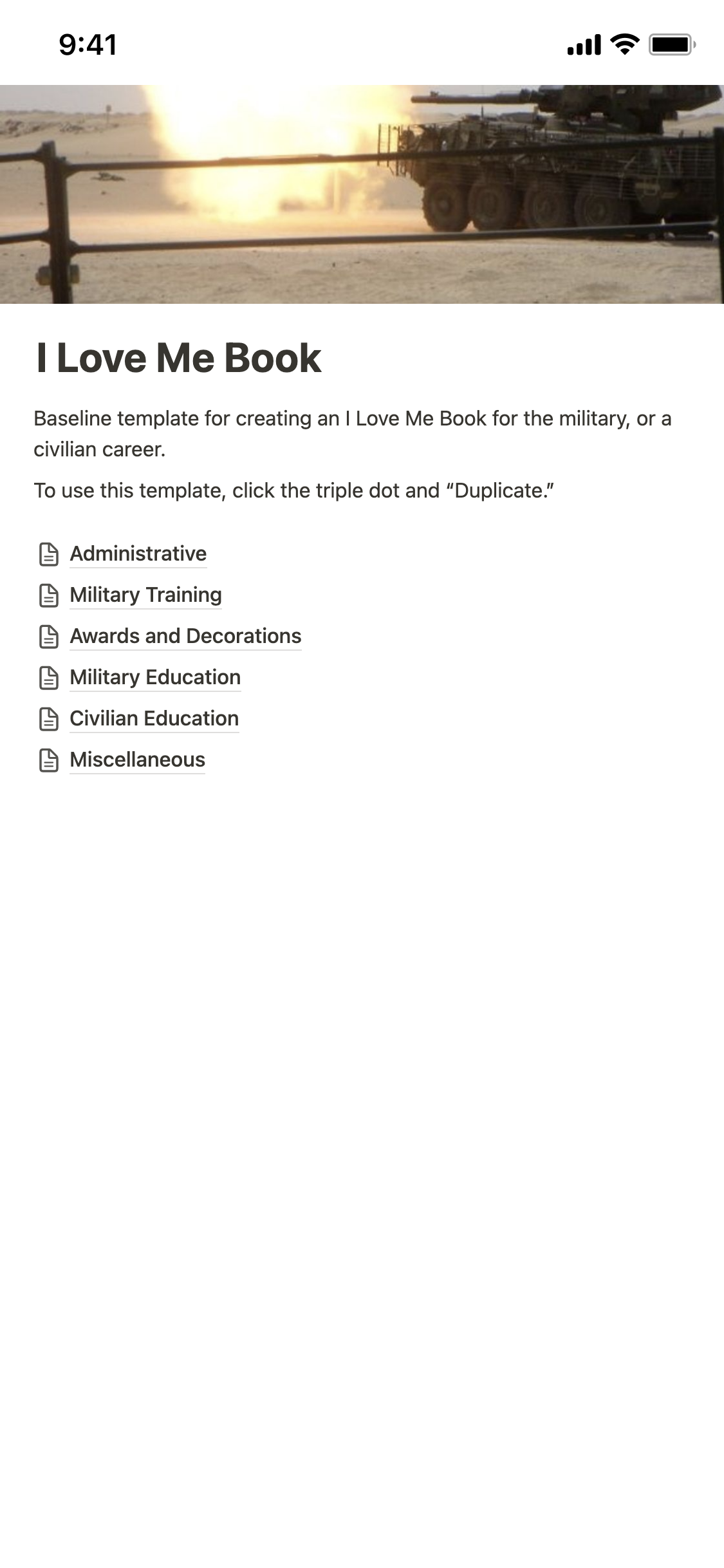 テンプレートギャラリー：Notion (ノーション) – Military I Love Me Book