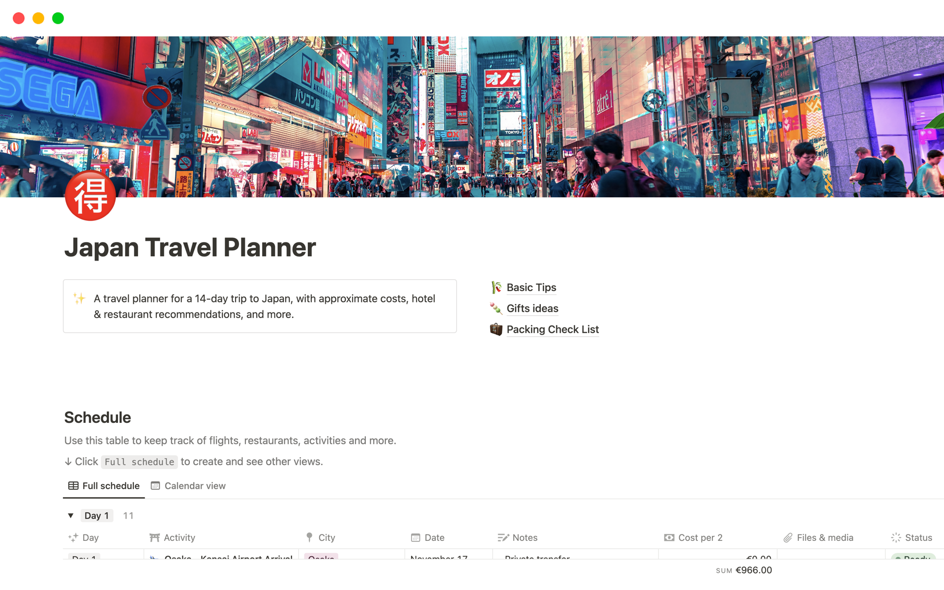 Japan Travel Planner | Notion Template