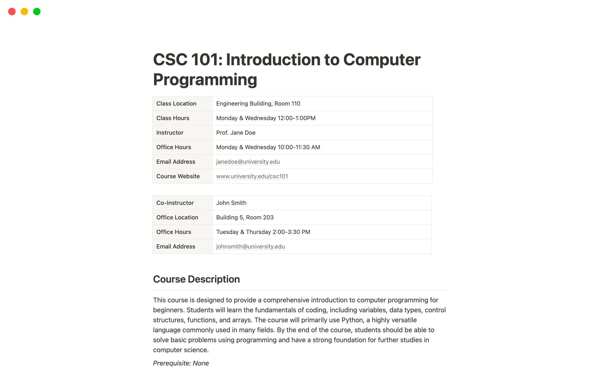 College Syllabus | Notion Template