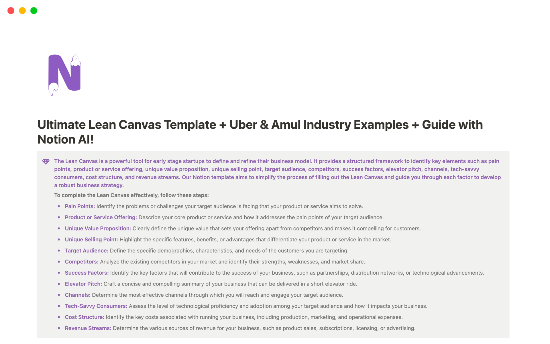 Ultimate Lean Canvas with examples of Uber & Amul | Notion Template