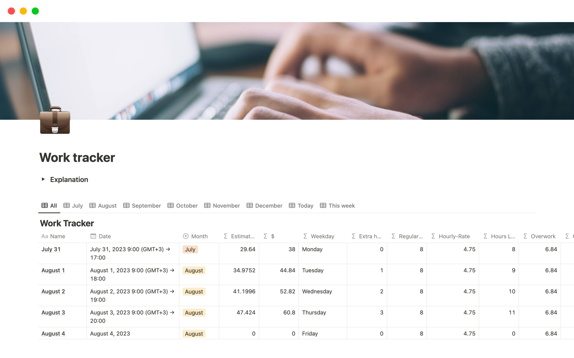 Top 7 Paid Work Hours Log Templates in Notion | Notion Template Gallery