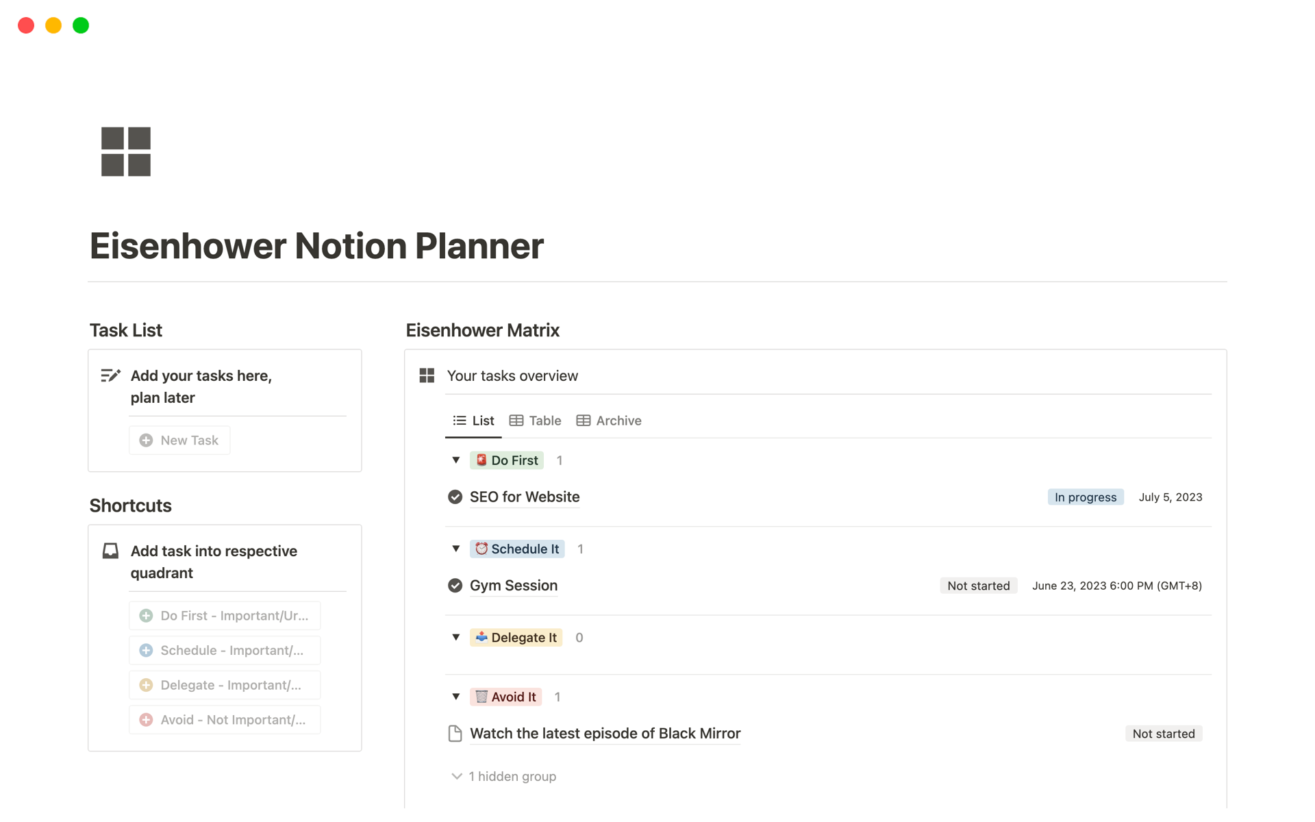 Eisenhower Planner | Notion Template