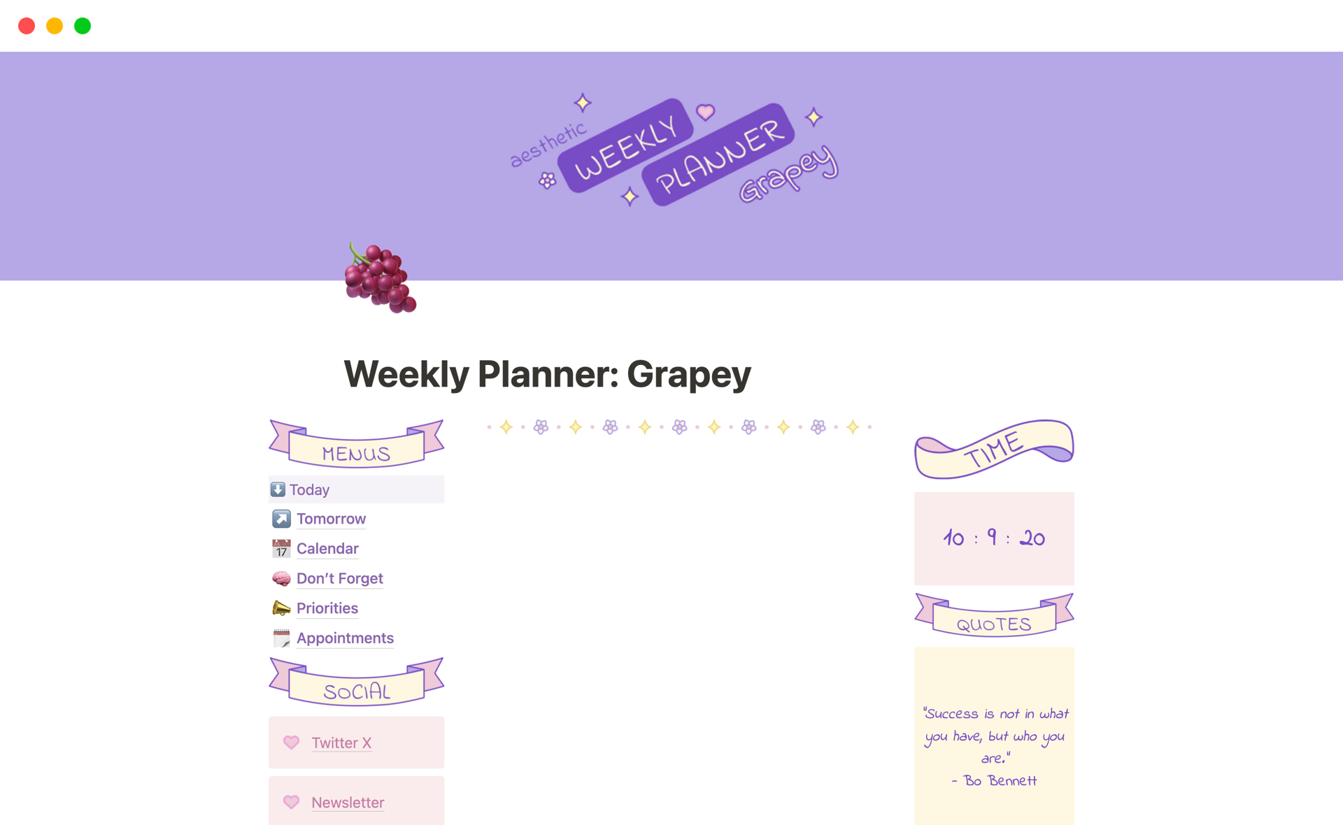 Aesthetic Weekly Planner: Grapey | Notion Template
