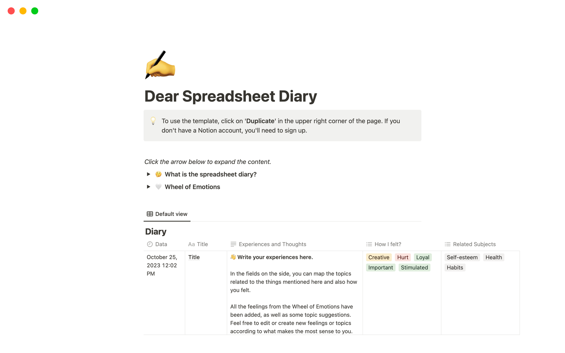 Dear Spreadsheet Diary Template by Victoria Arantes | Notion Marketplace