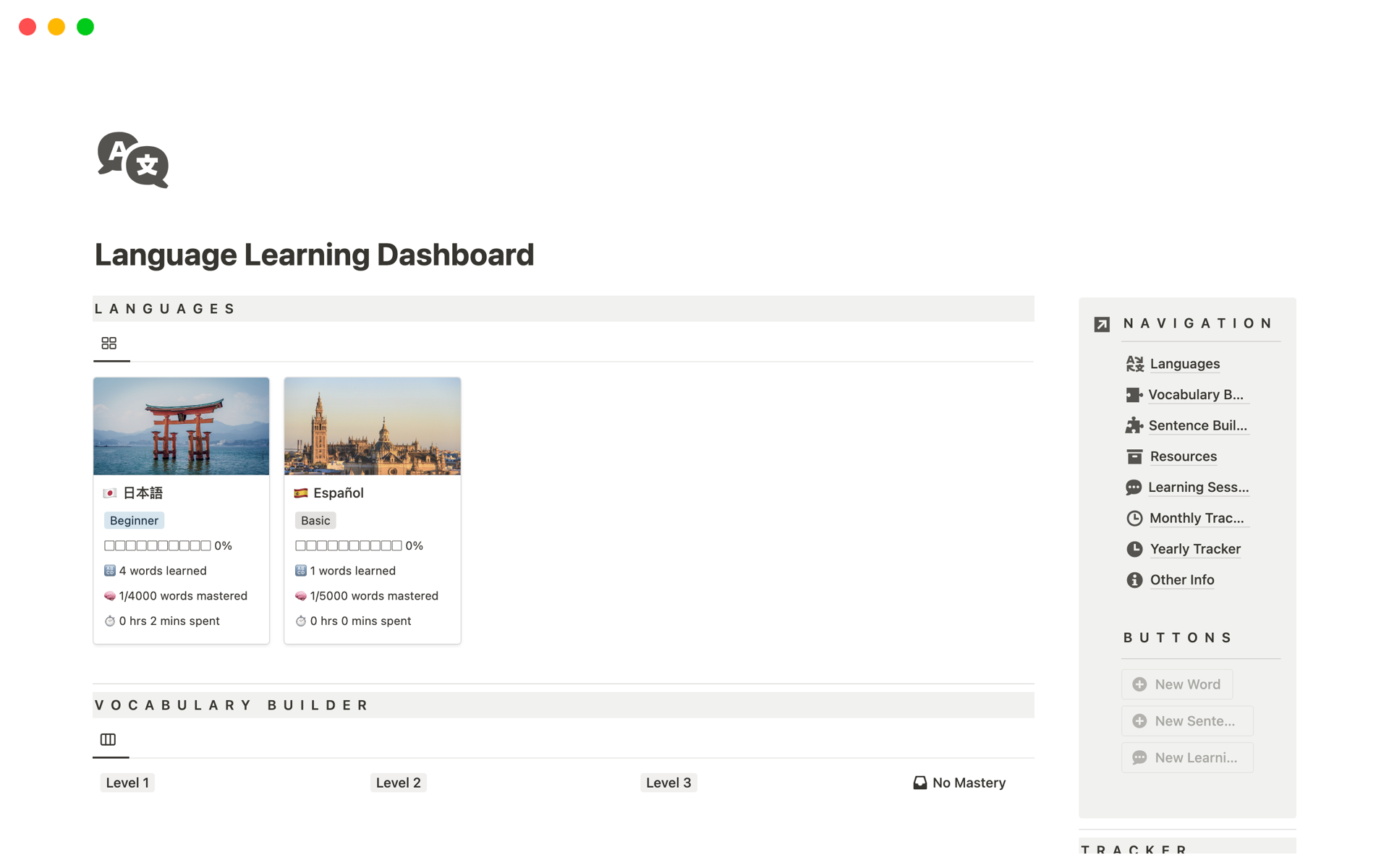 Language Learning Dashboard Template by Eula | Notion Marketplace