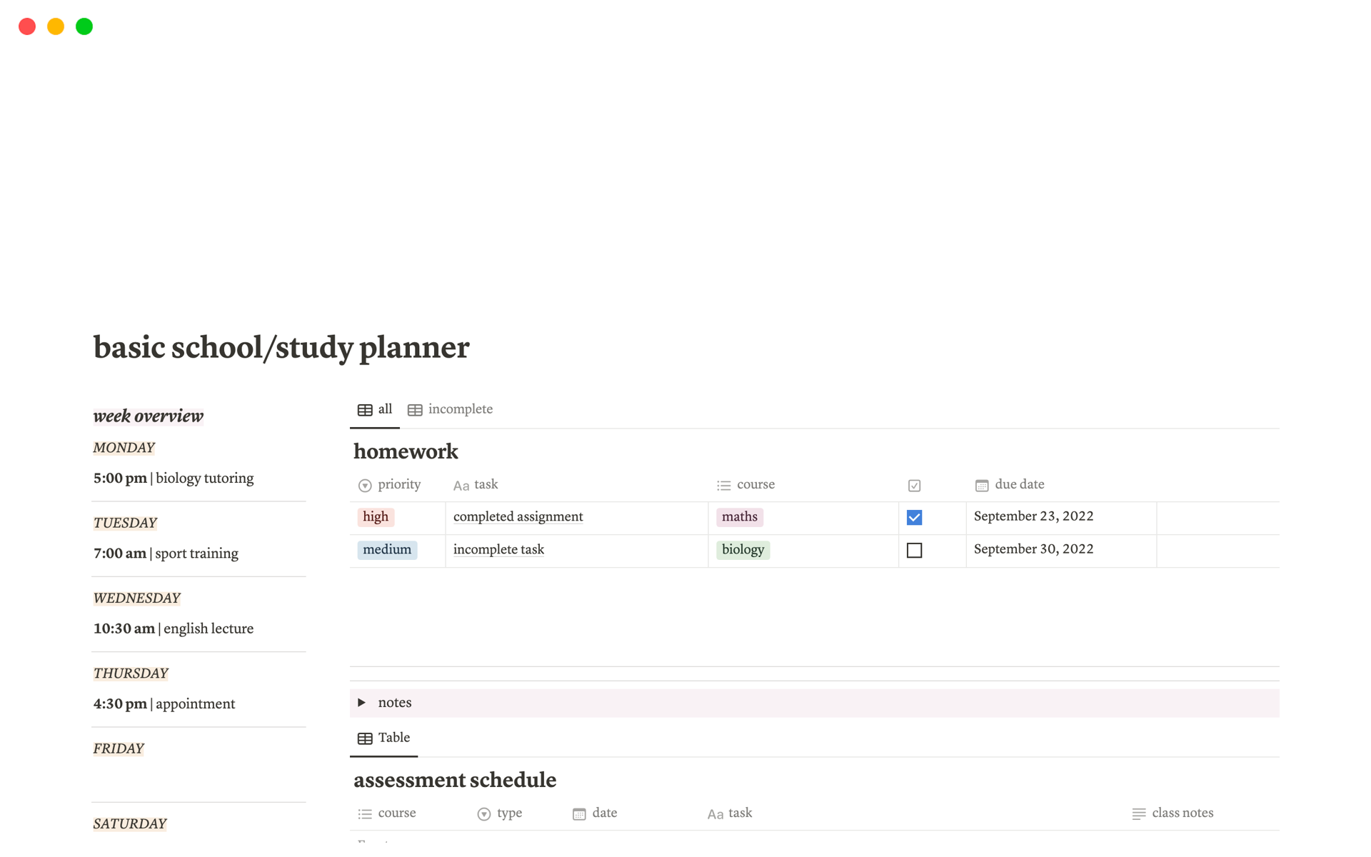basic school/study planner Template by Lauren | Notion Marketplace