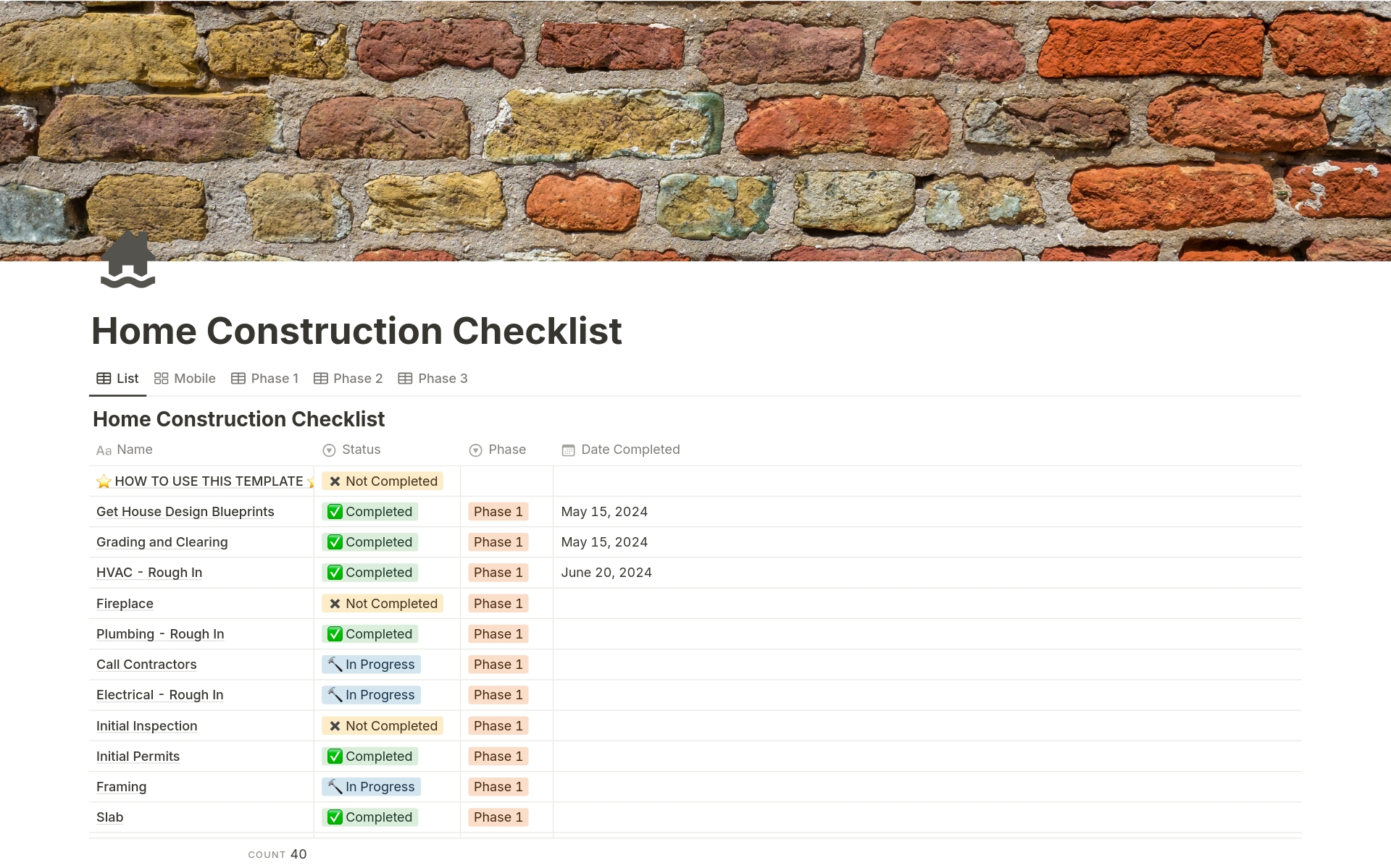 Home Construction Task Checklist Template | Notion Marketplace