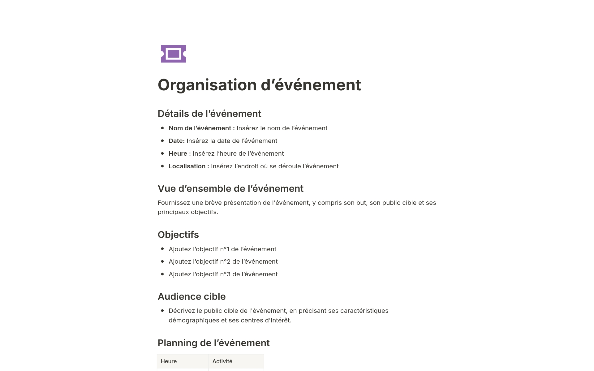 Organisation d’événement 2024 | Modèle Notion