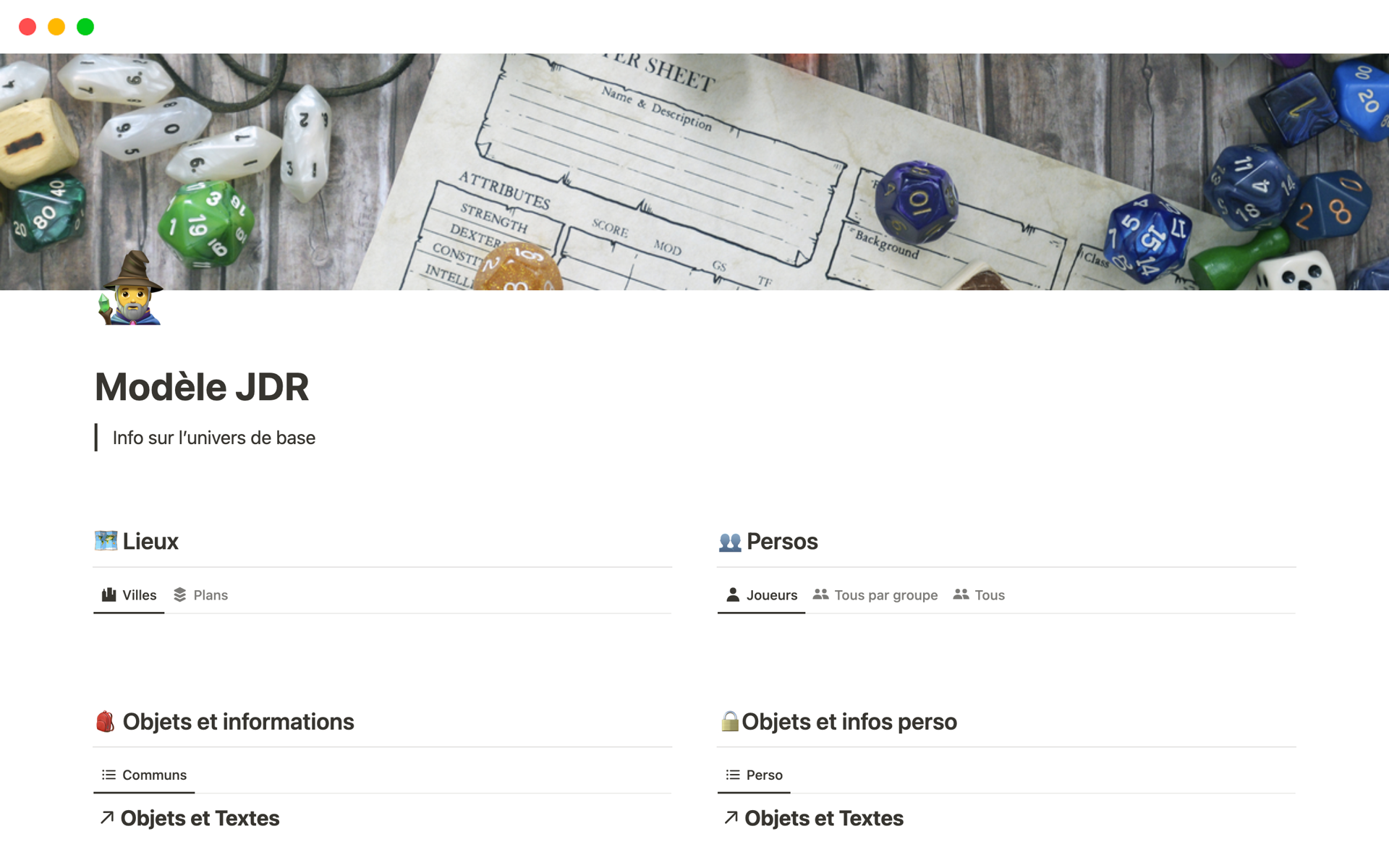 Modèle JDR | Modèle Notion