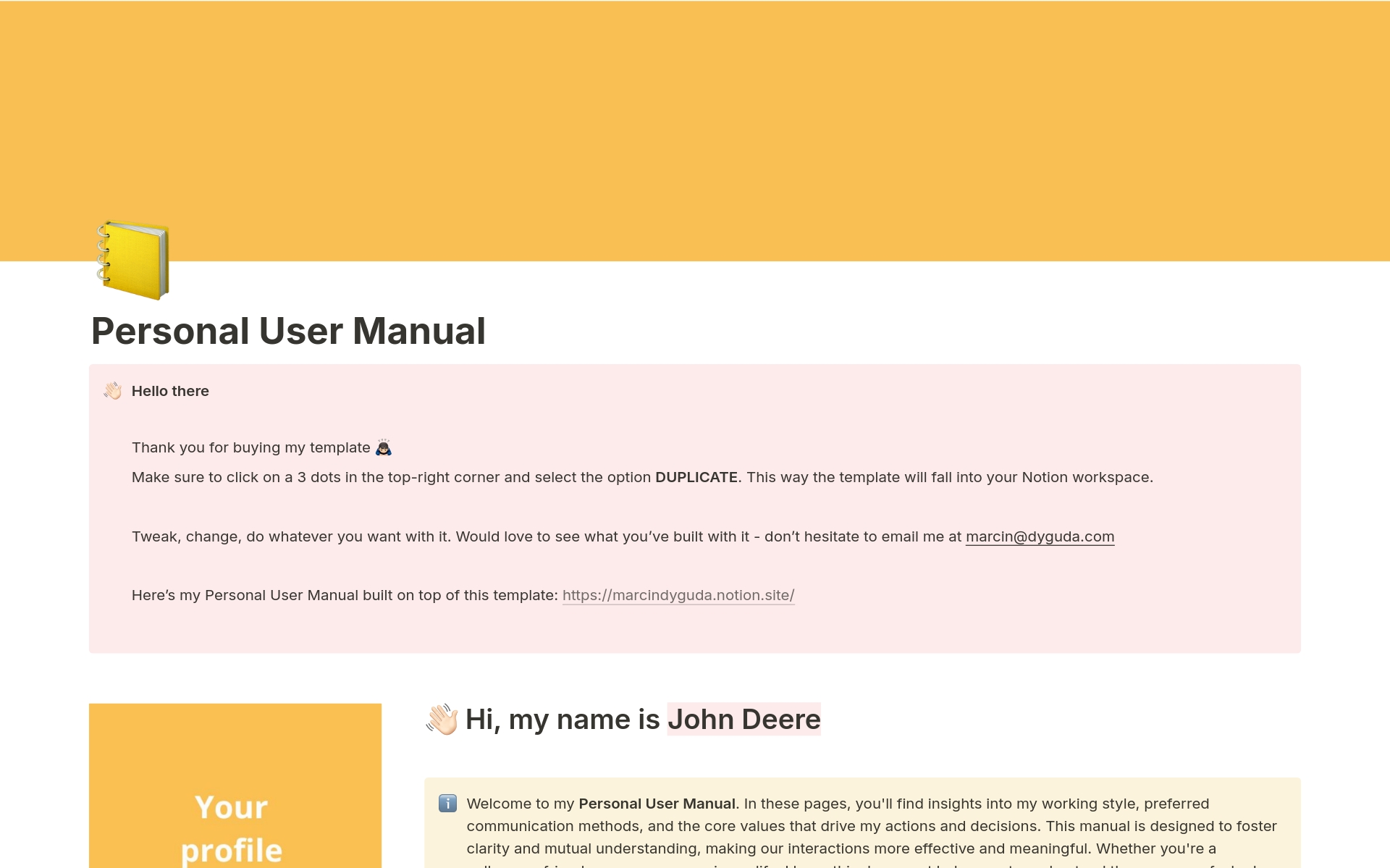Personal User Manual Template by Marcin Dyguda | Notion Marketplace