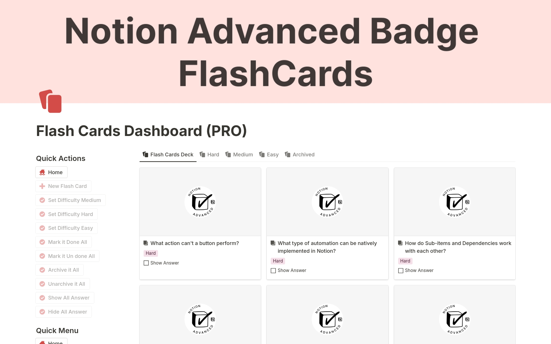 Advanced Badge Flash Cards Deck PRO Template | Notion Marketplace