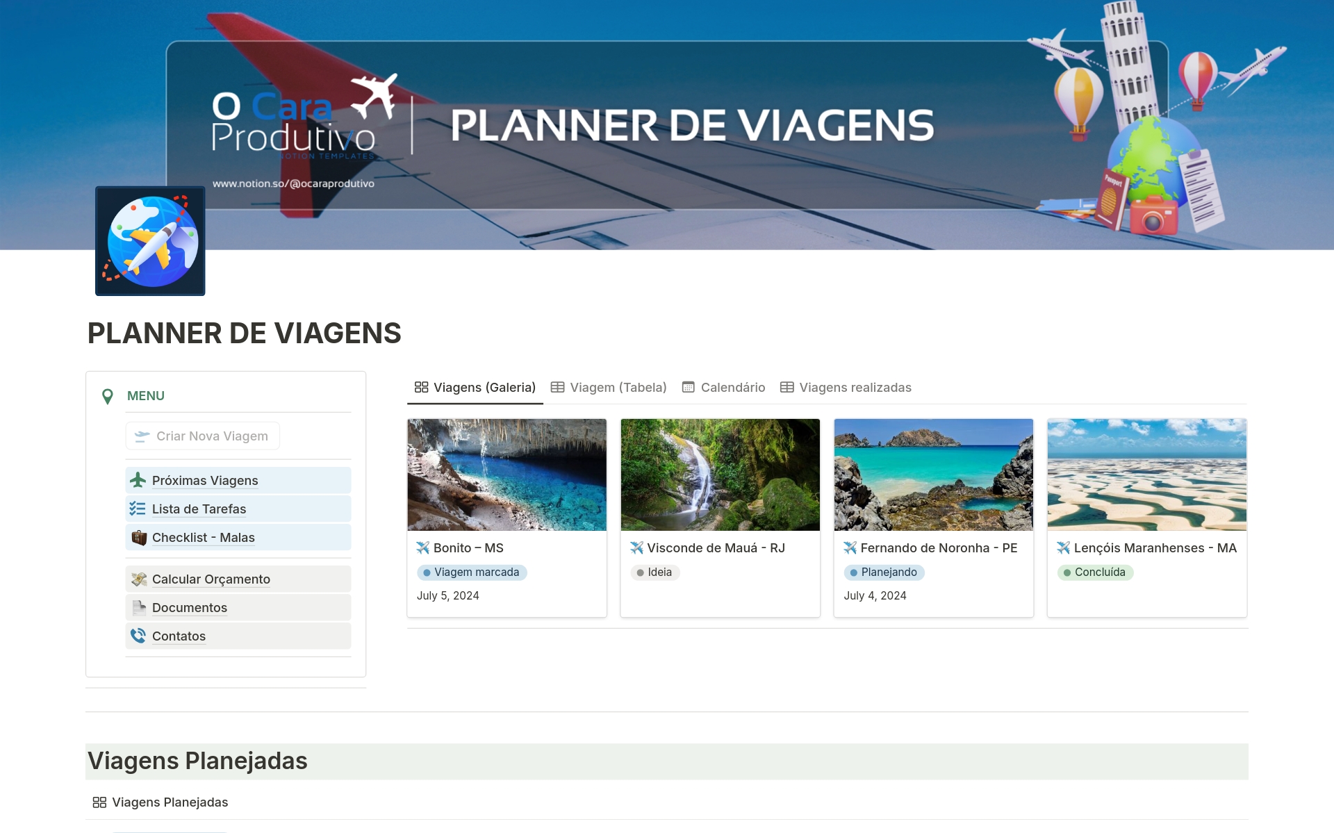Planner de Viagens Modelo por O Cara Produtivo | Marketplace do Notion