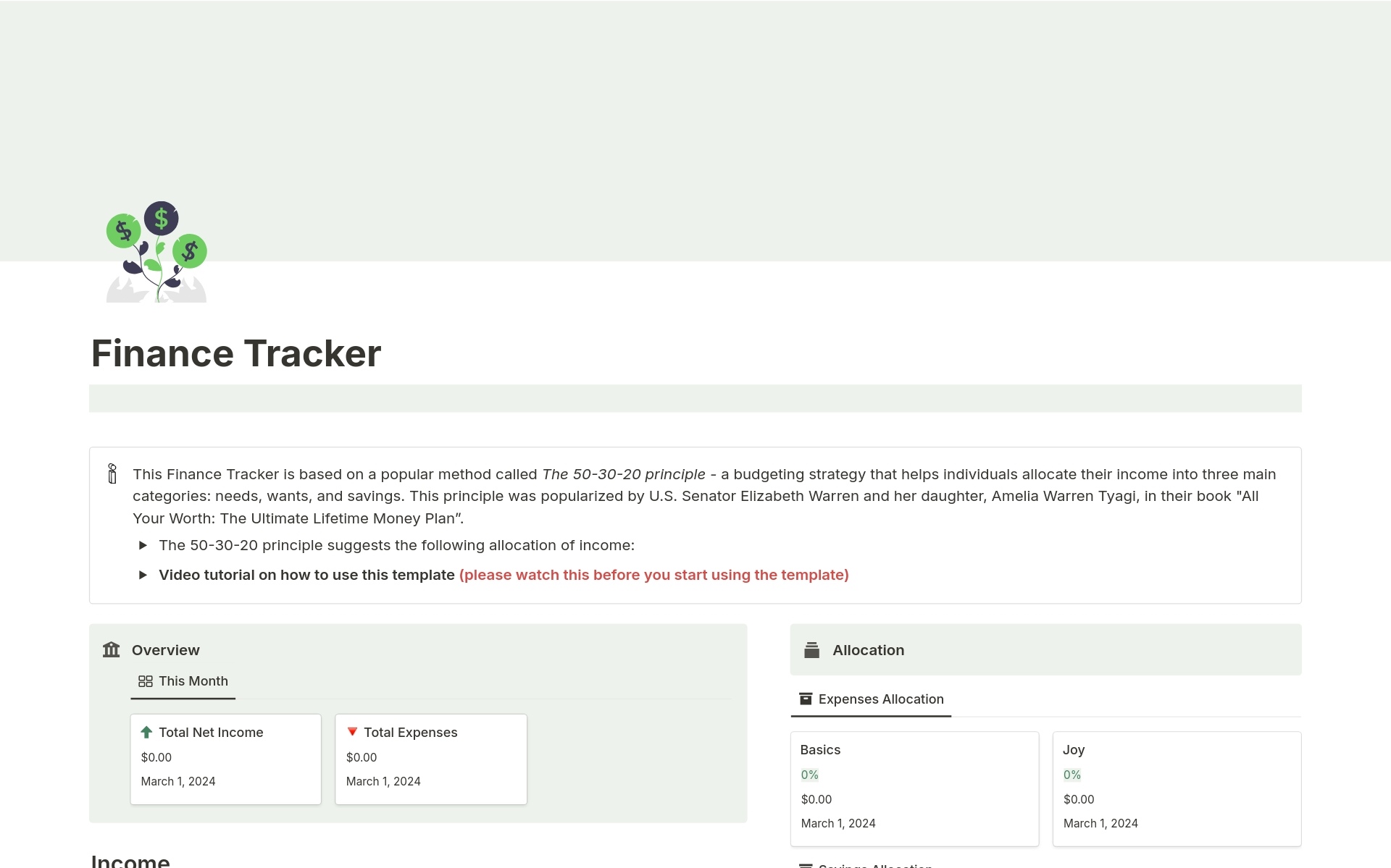 The 50-30-20 Finance Tracker by Ance Bumbule | Notion Template