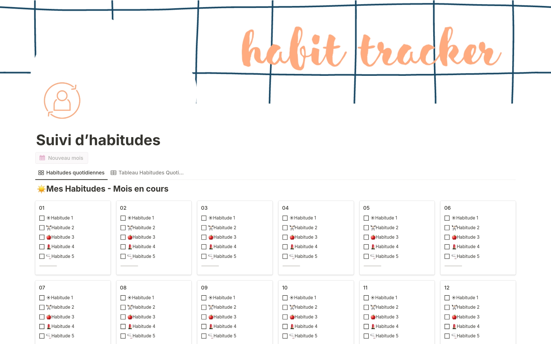 Suivi d'habitudes | Modèle créé par Charlene Morel | Marketplace Notion