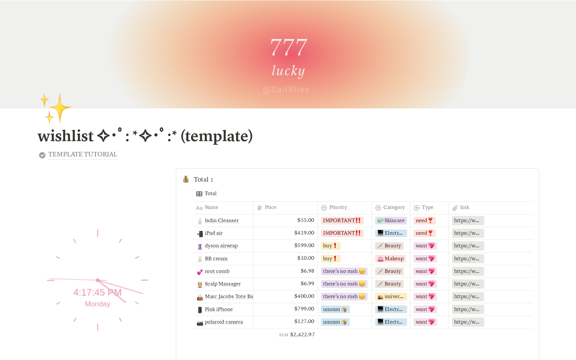 Wishlist Notion Template