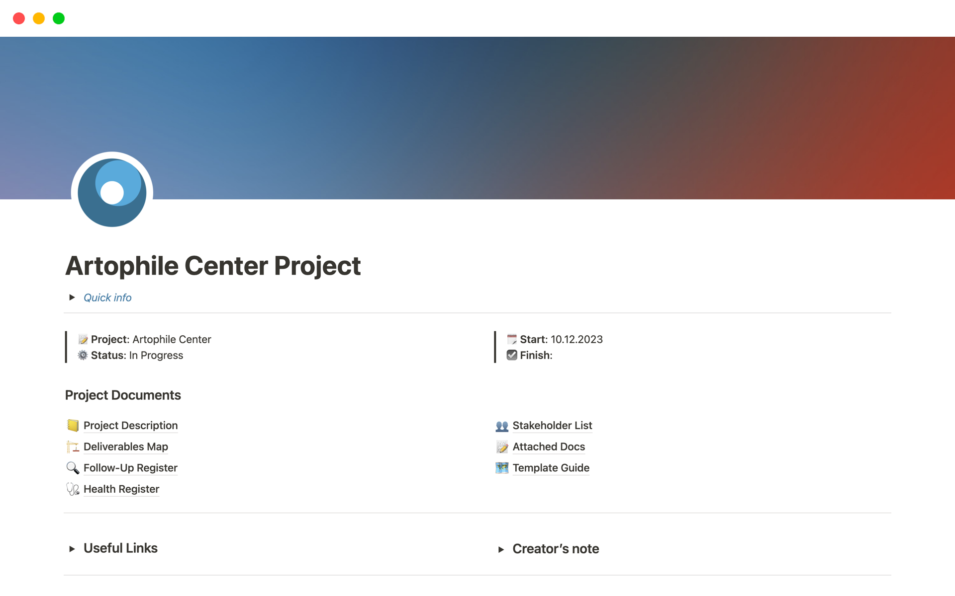 Artophile Center Project P3.express | Notion Template