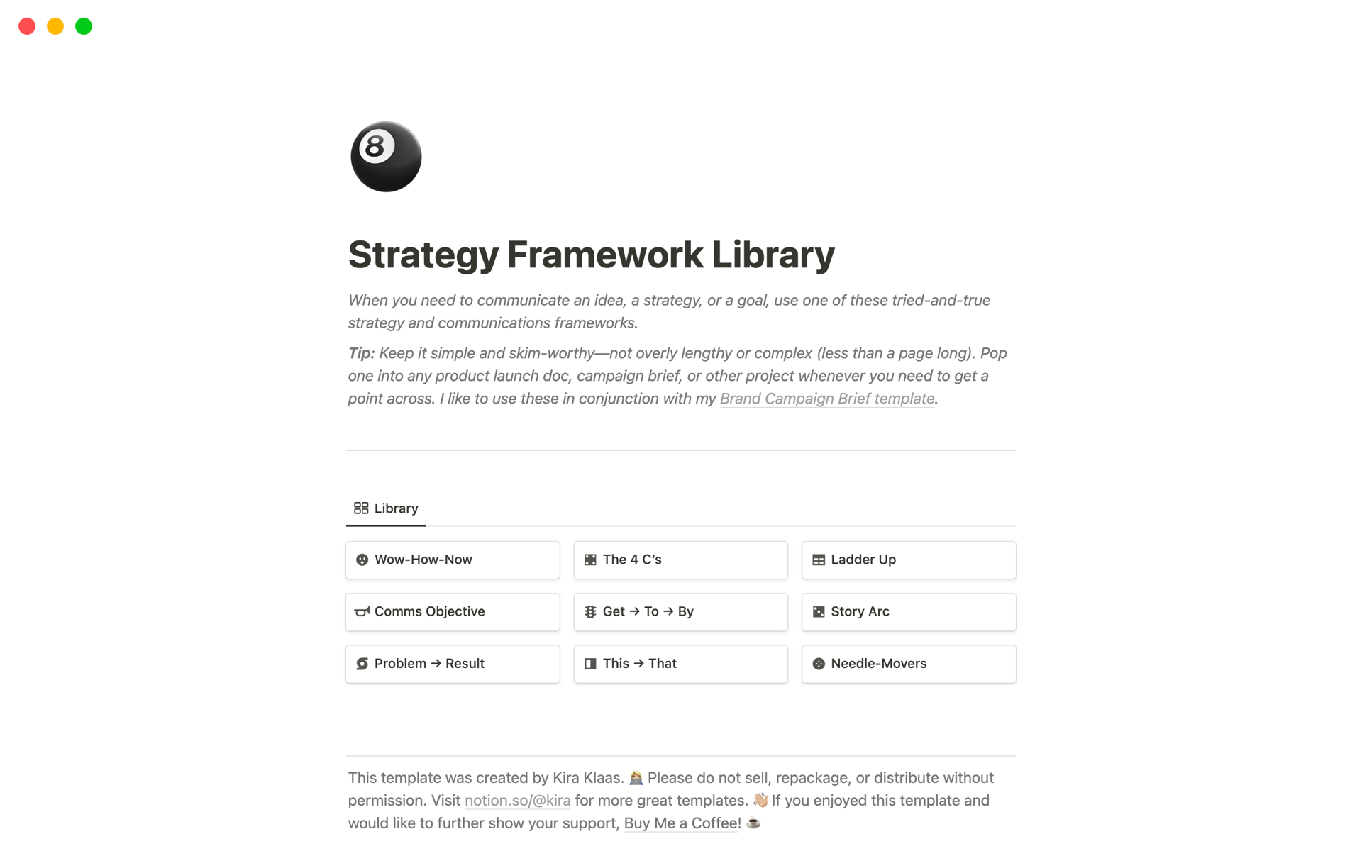 Strategy Framework Library Template by Kira Klaas | Notion Marketplace