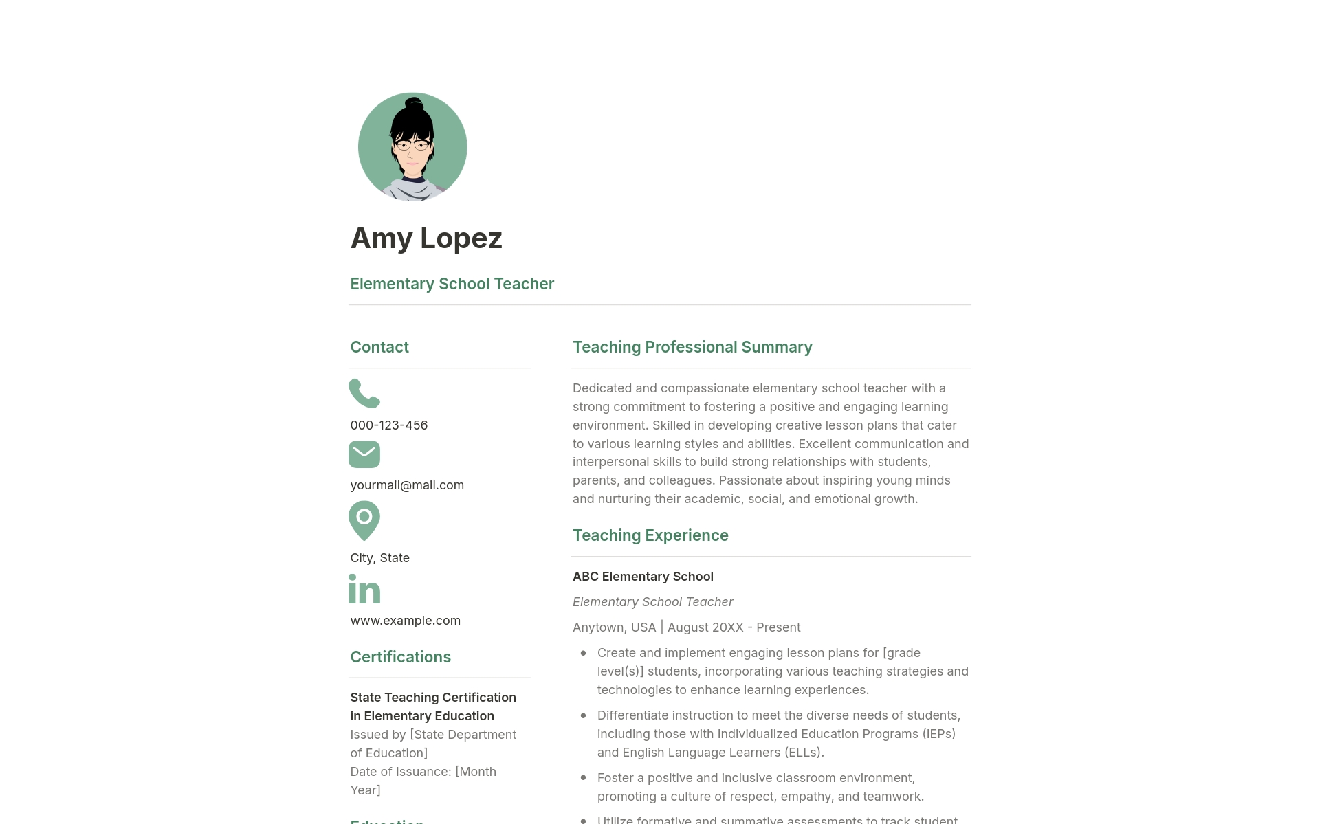Educator Resume + Cover Letter + References | Notion Template