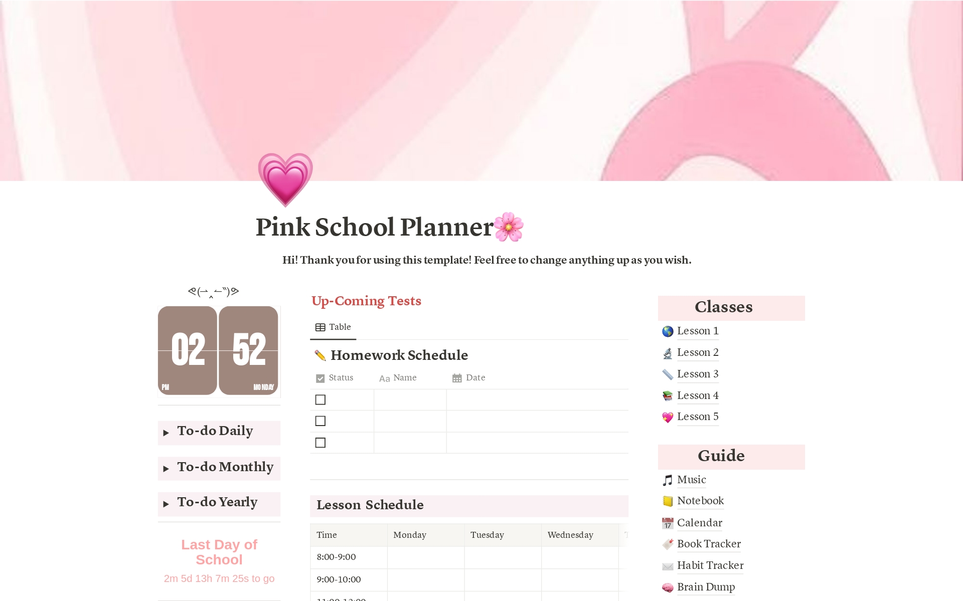 Pink School Planner Template | Notion Marketplace