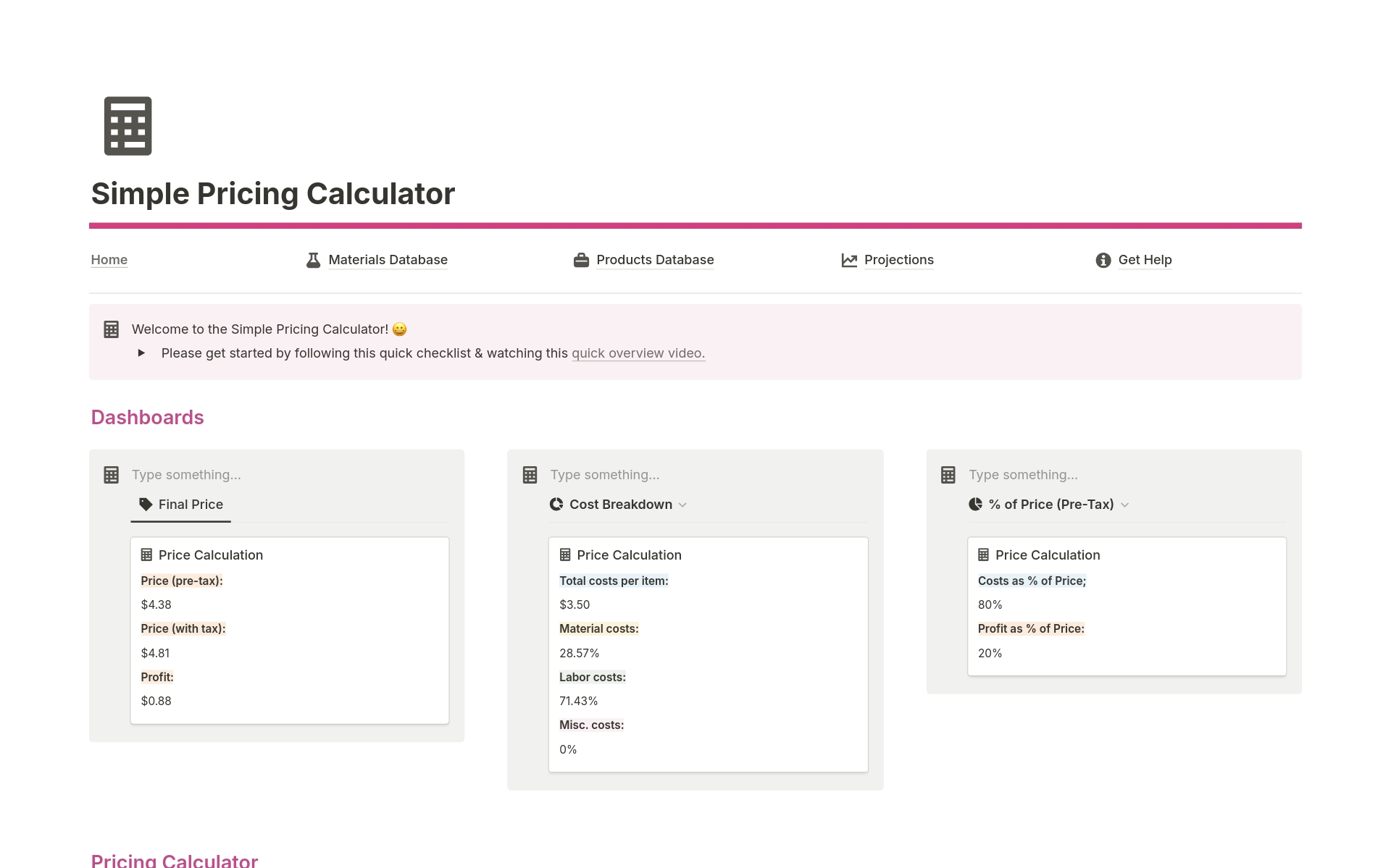 Simple Pricing Calculator Template | Notion Marketplace
