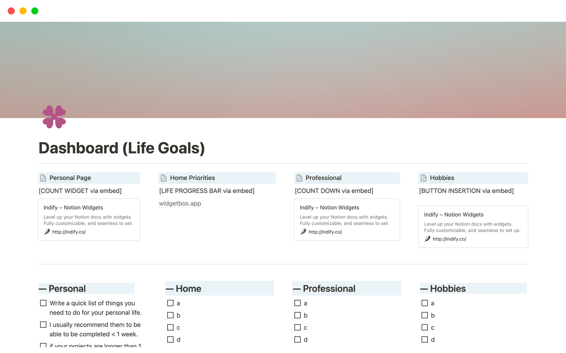 Dashboard of Life Goals Template by TropicTina25 | Notion Marketplace