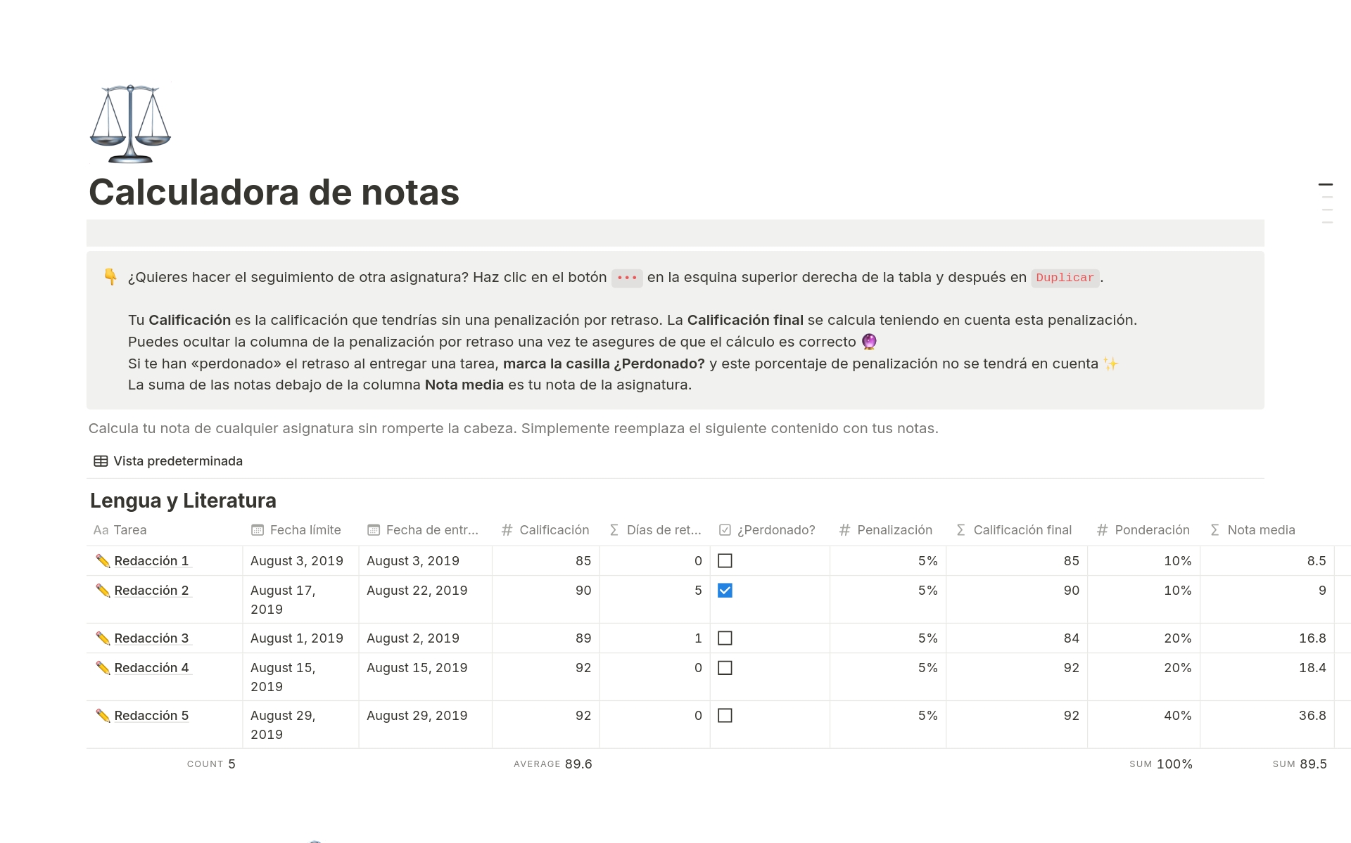 Plantilla Calculadora de notas 2024 | Notion Marketplace