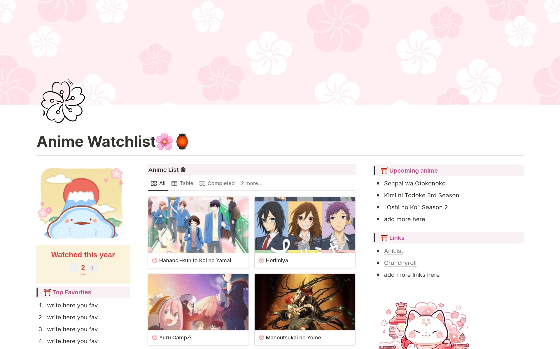 Anime watchlist Template by Ariadne | Notion Marketplace