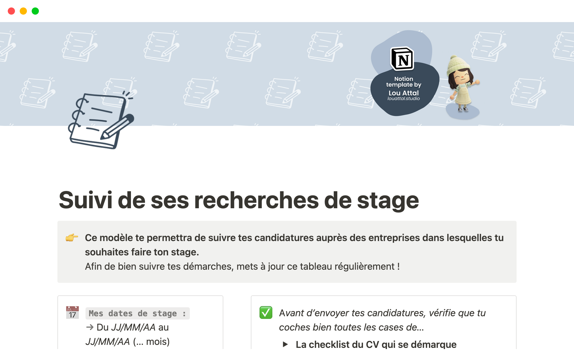 Suivre ses recherches de stage par Lou Attal | Modèle Notion