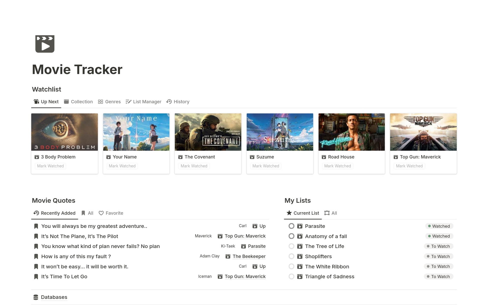 Simple Movie Tracker by Yuri Katafuchi | Notion Template