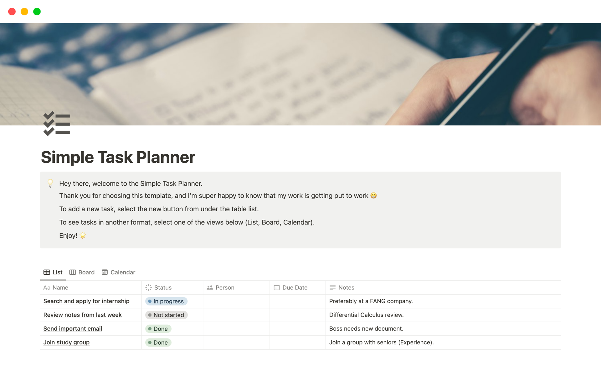 Simple Task Planner by NotionTrail | Notion Template