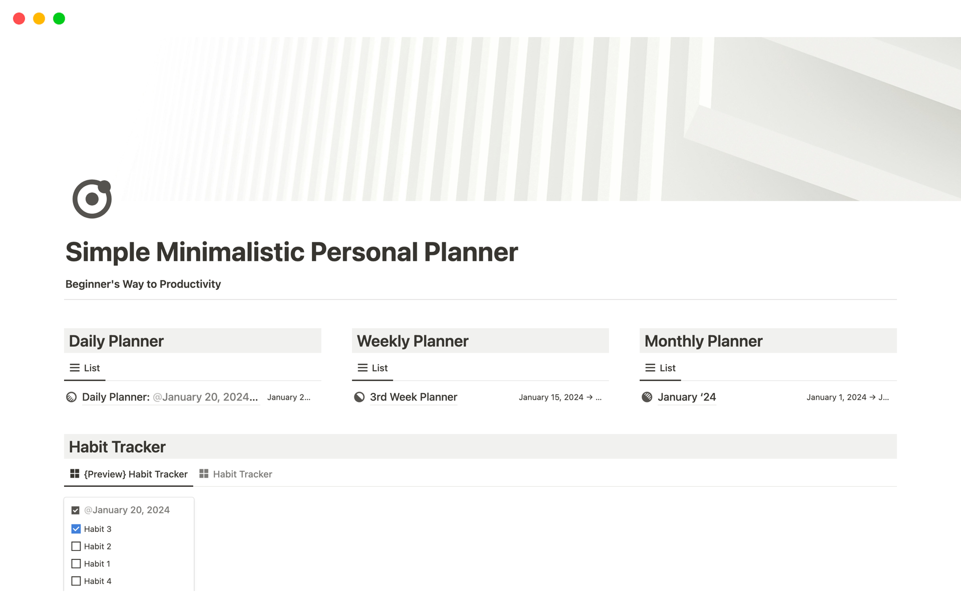 Simple Minimalistic Personal Planner | Notion Template