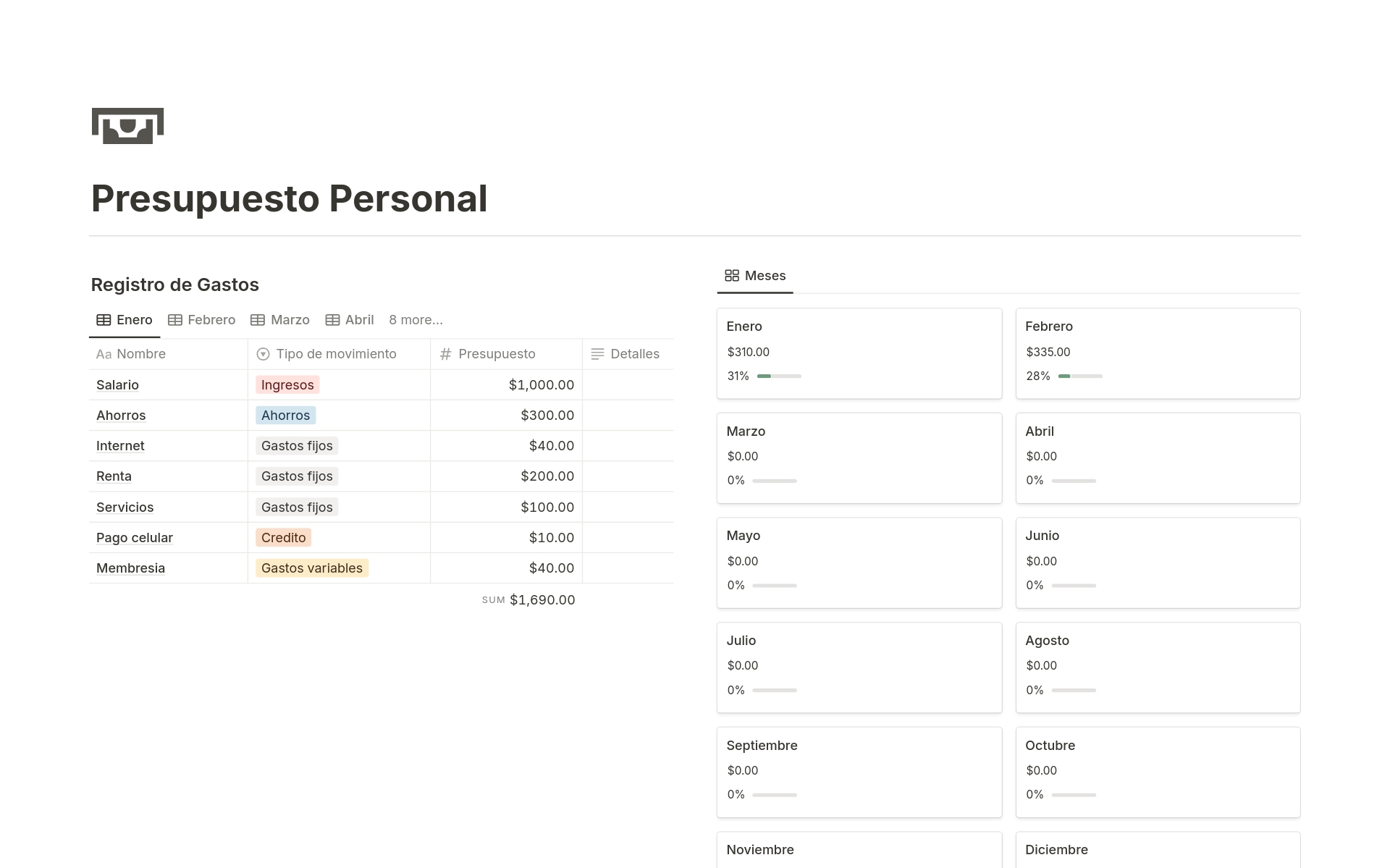 Plantilla Presupuesto Personal de Carlos Guevara | Notion Marketplace