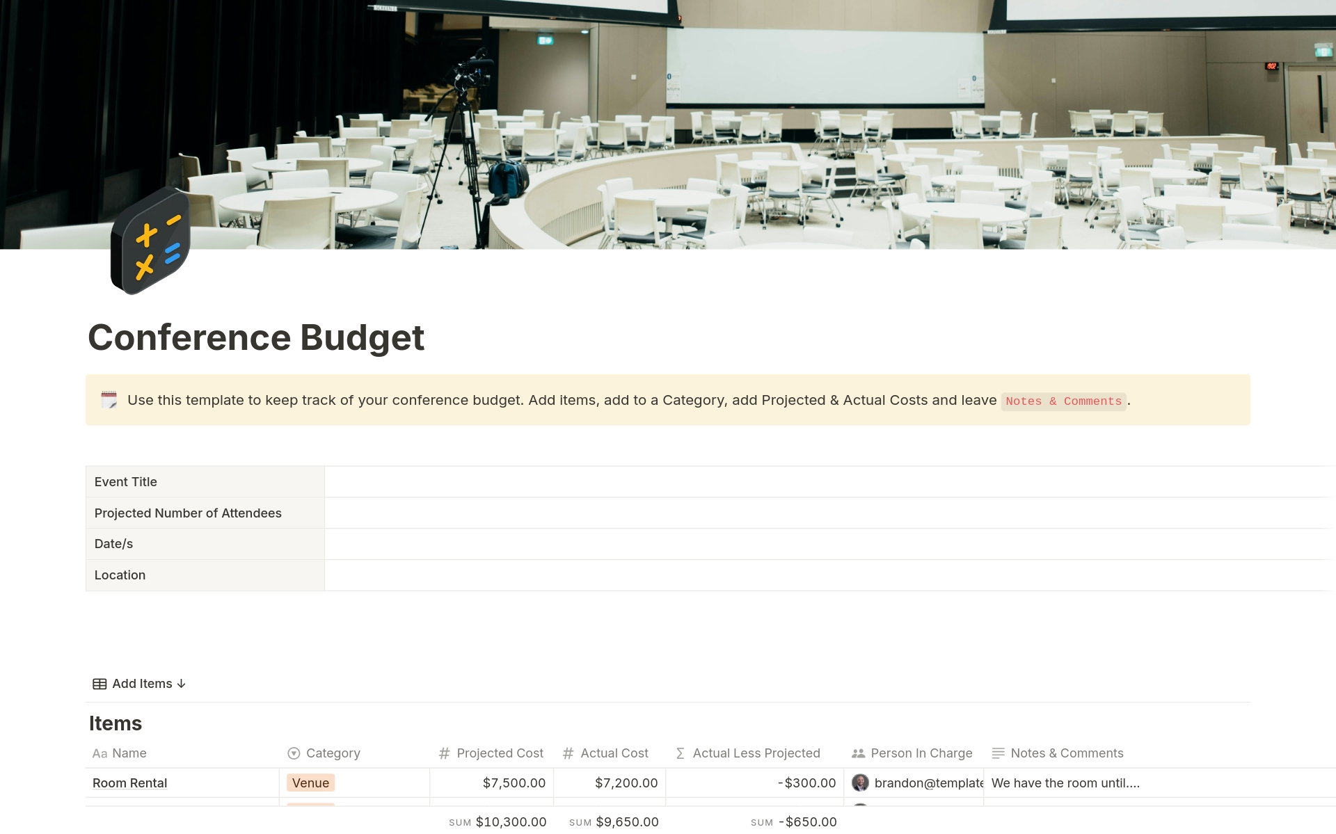 Conference Budget Template | Notion Marketplace