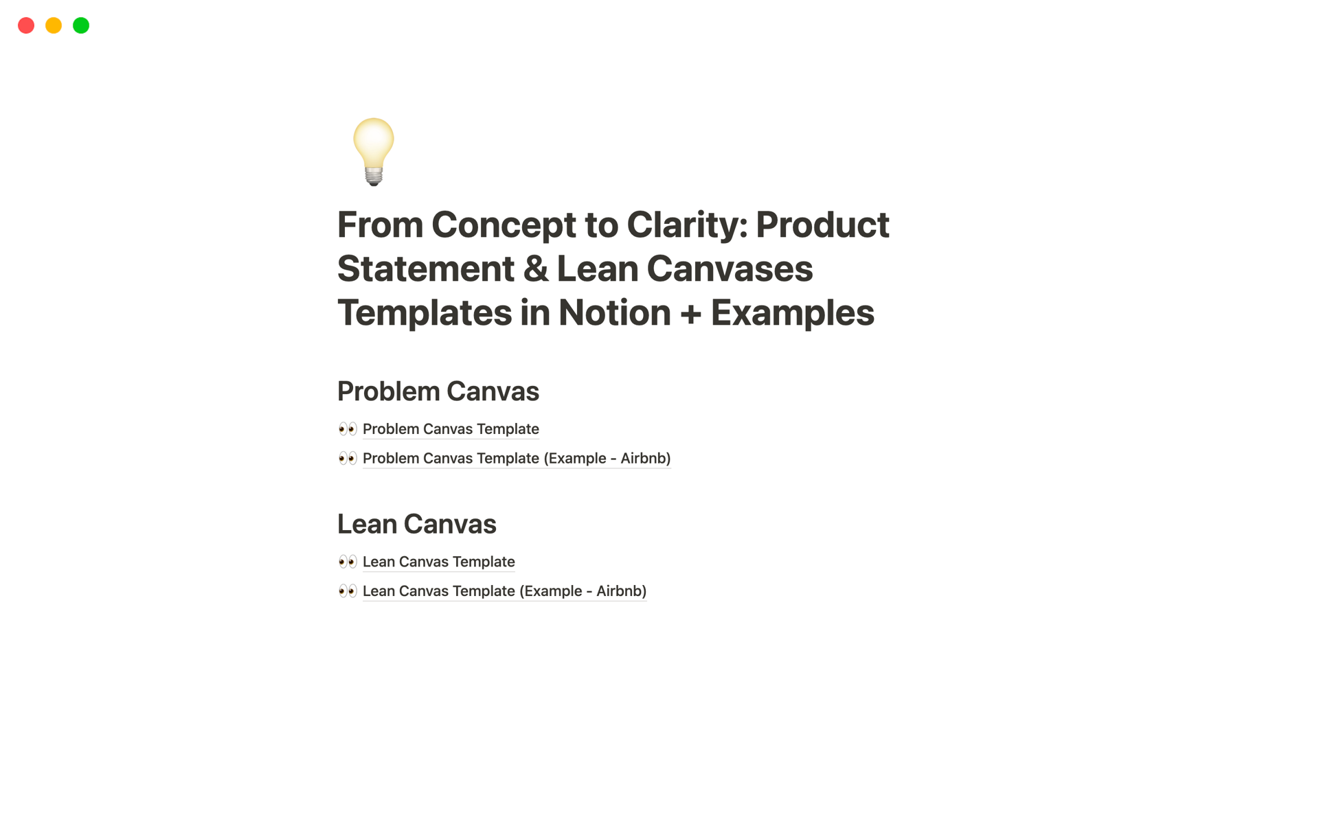 Product Statement & Lean Canvases with Examples Template | Notion ...