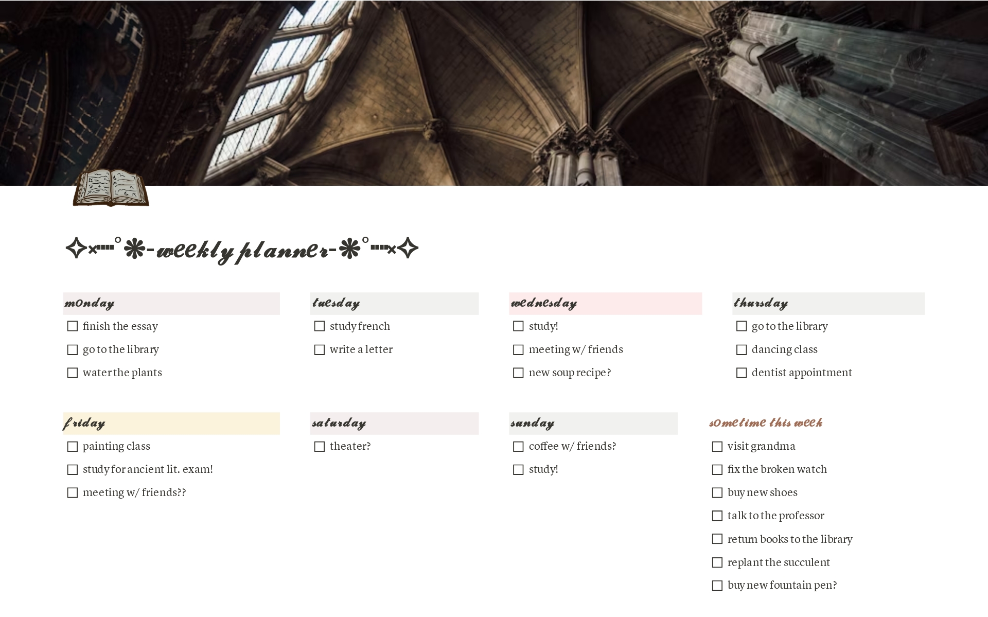 weekly planner - dark academia aesthetic Template | Notion Marketplace