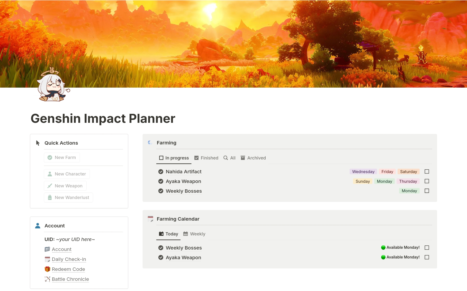 Genshin Impact Planner | Notion Template