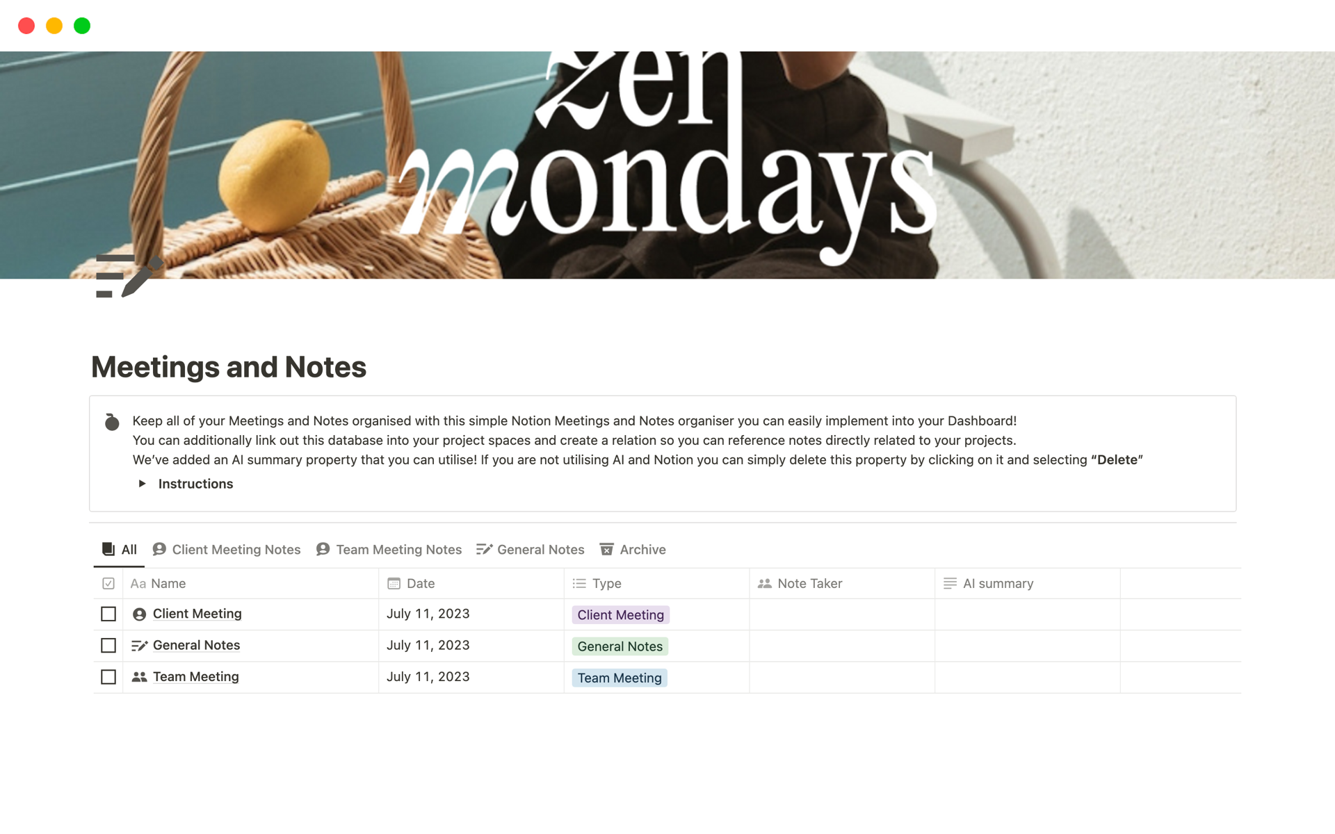 Meetings and Notes + AI Summaries Template by Zen Mondays | Notion ...