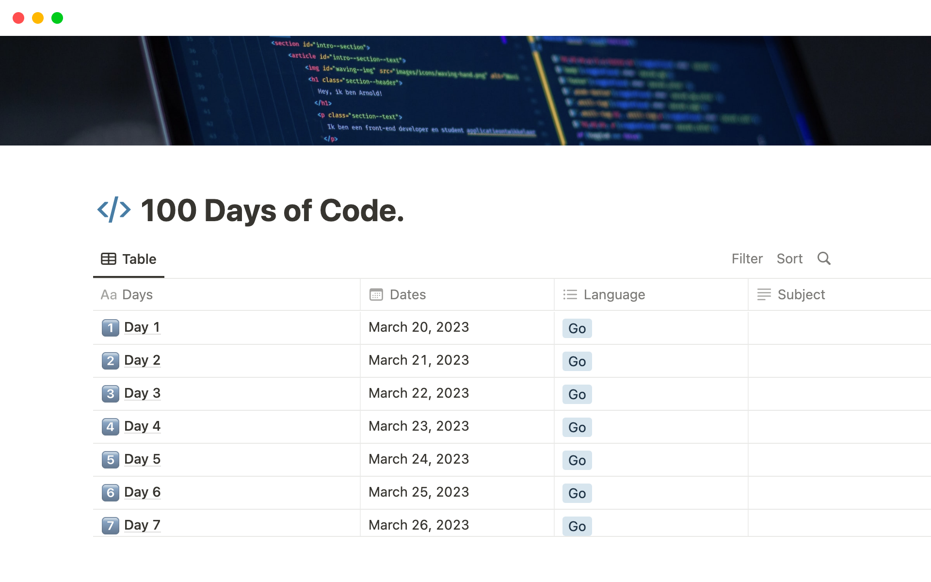 100 days of code journal Template by Tony David | Notion Marketplace