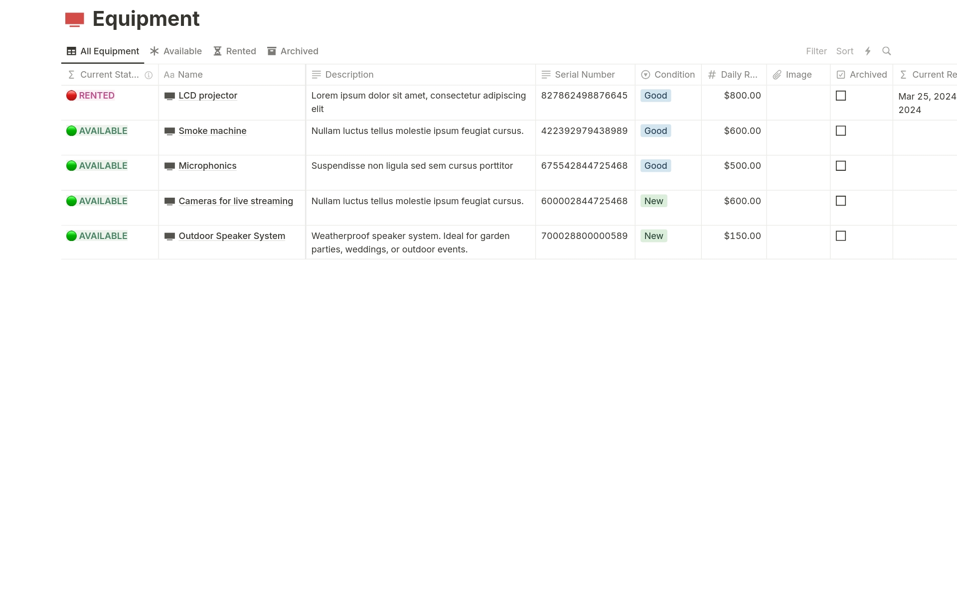 Equipment Rental Management | Notion Template