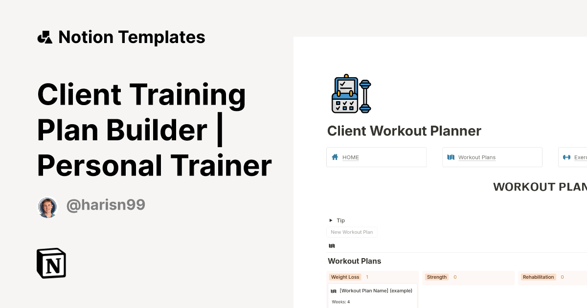 Client Training Plan Builder | Personal Trainer by Harrison | Notion Template
