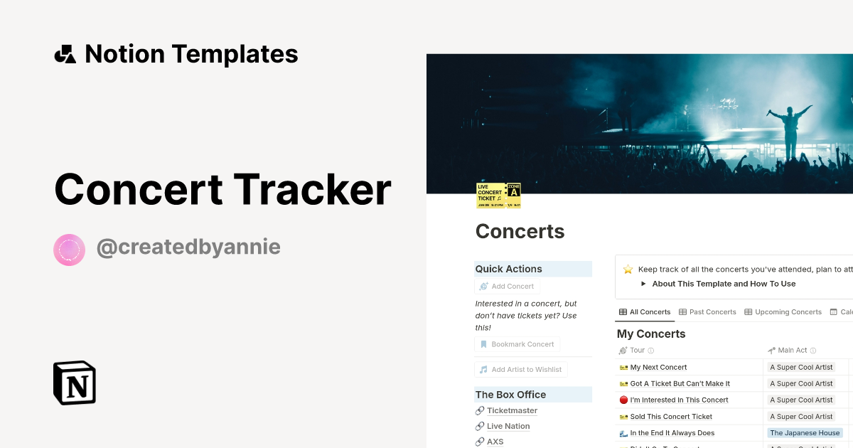 Concert Tracker Template by Created By Annie | Notion Marketplace