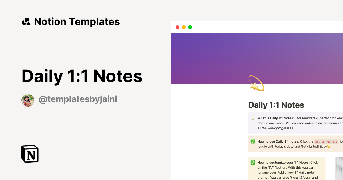Daily 1:1 Notes by Shreya Jain aka Jaini | Notion Template