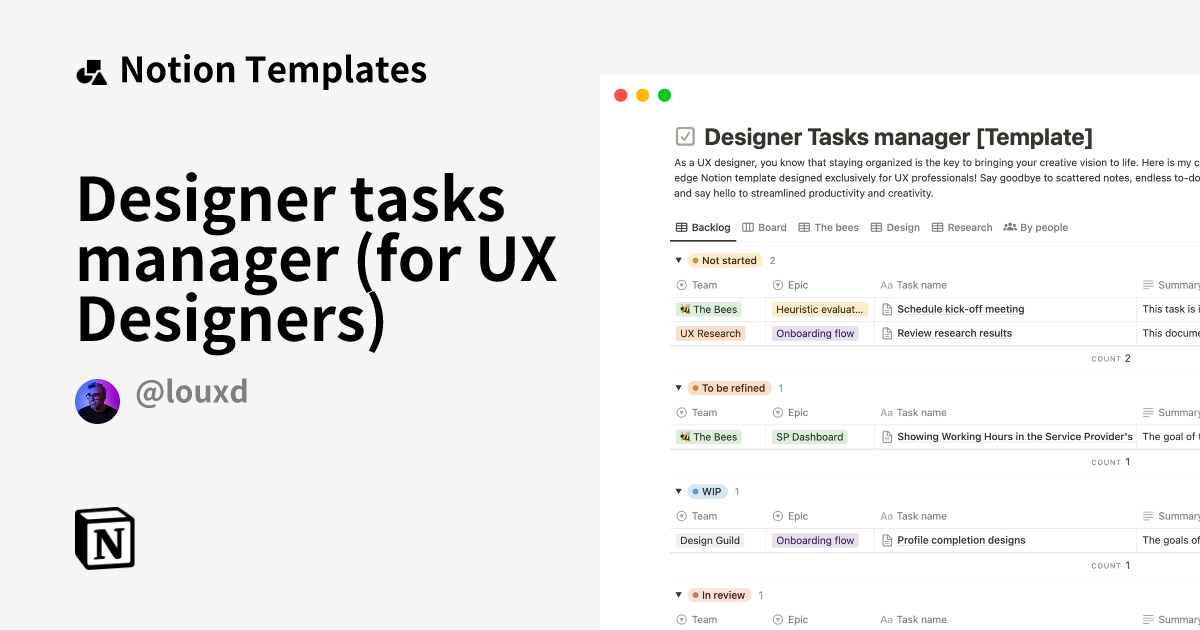 Designer tasks manager (for UX Designers) Template | Notion Marketplace