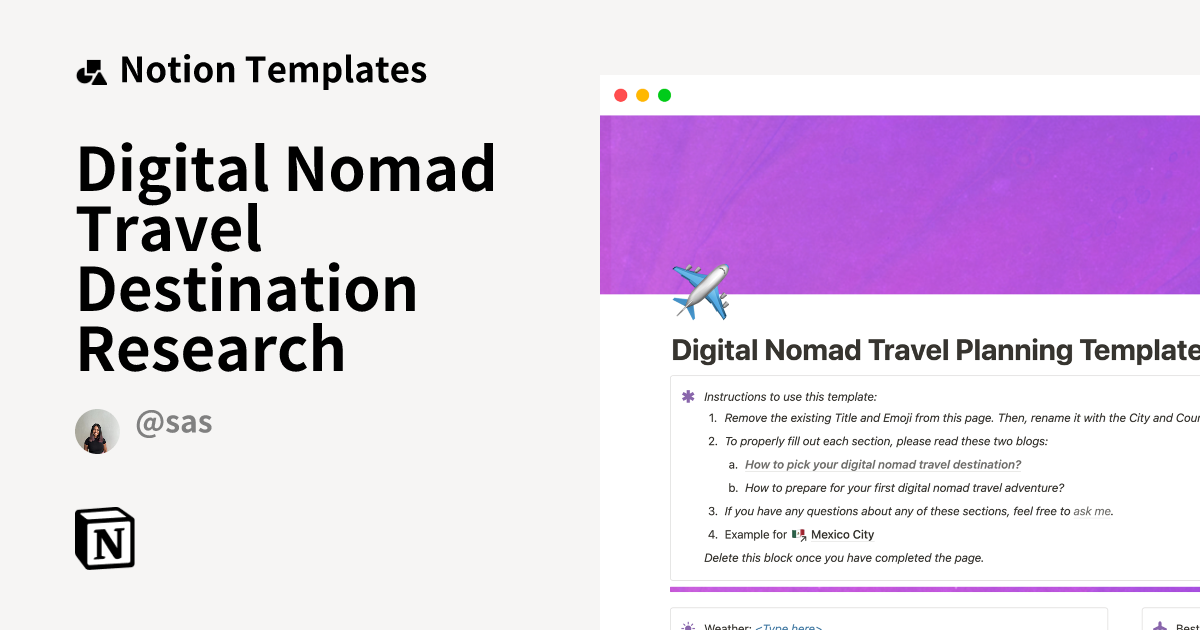 Digital Nomad Travel Destination Research by Sas | Notion Template