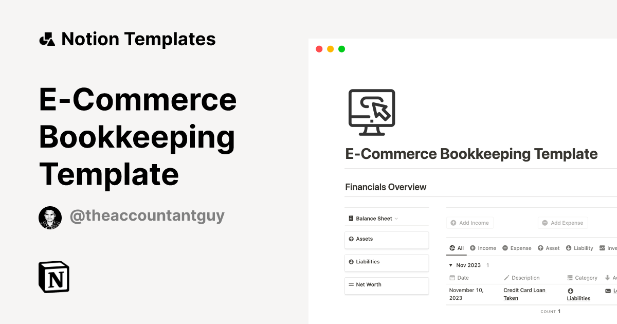 E-Commerce Bookkeeping Template by theaccountantguy | FinanceGuy | Notion Template