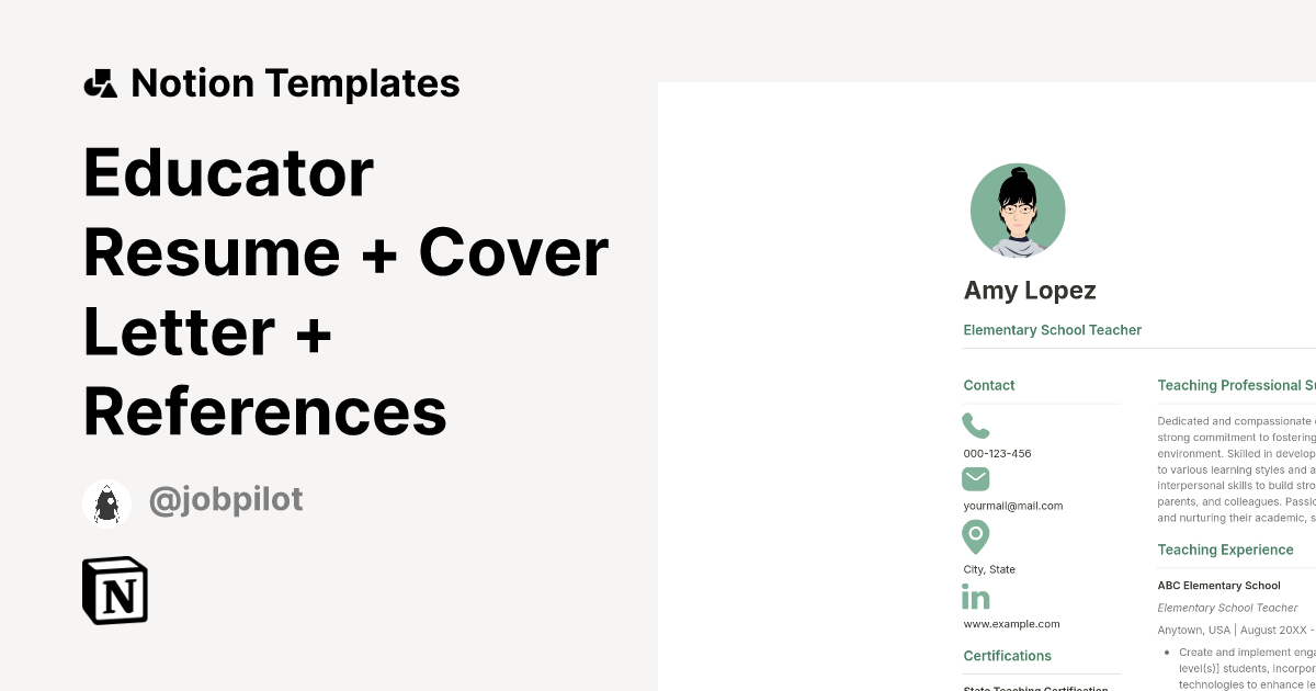 Educator Resume + Cover Letter + References | Notion Template